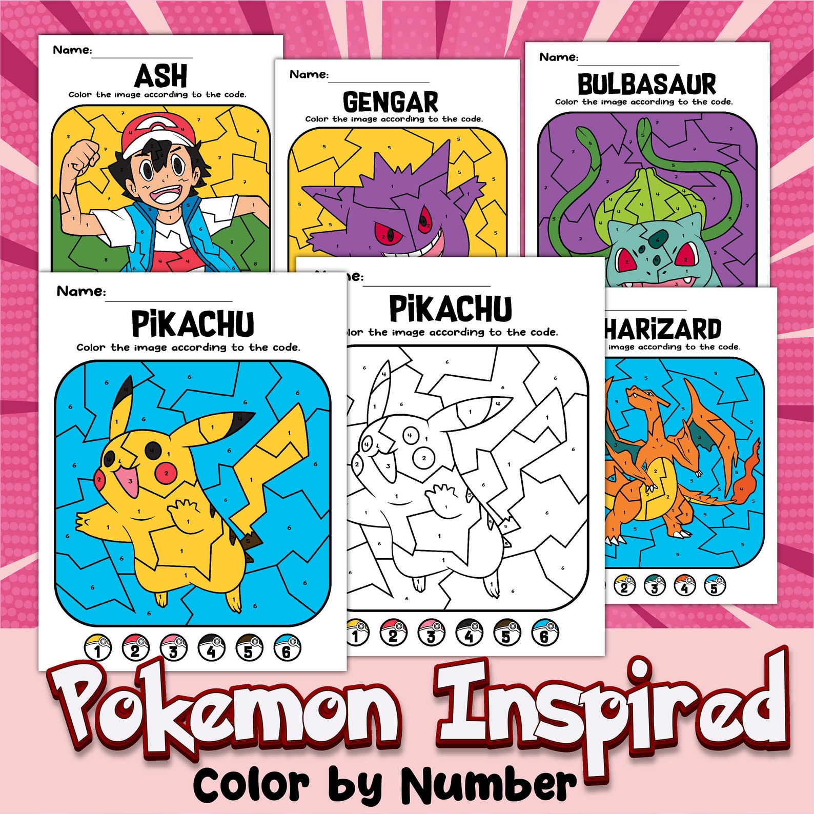 Pokemon Inspired Color by Number Pages | Digital Download | Party Favor ...