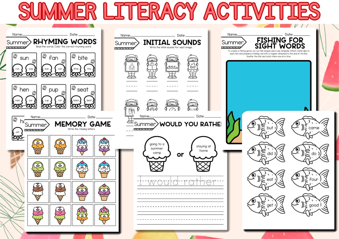 No-prep Summer Literacy Grade 1 Kindergarten Summer Review Worksheets ...