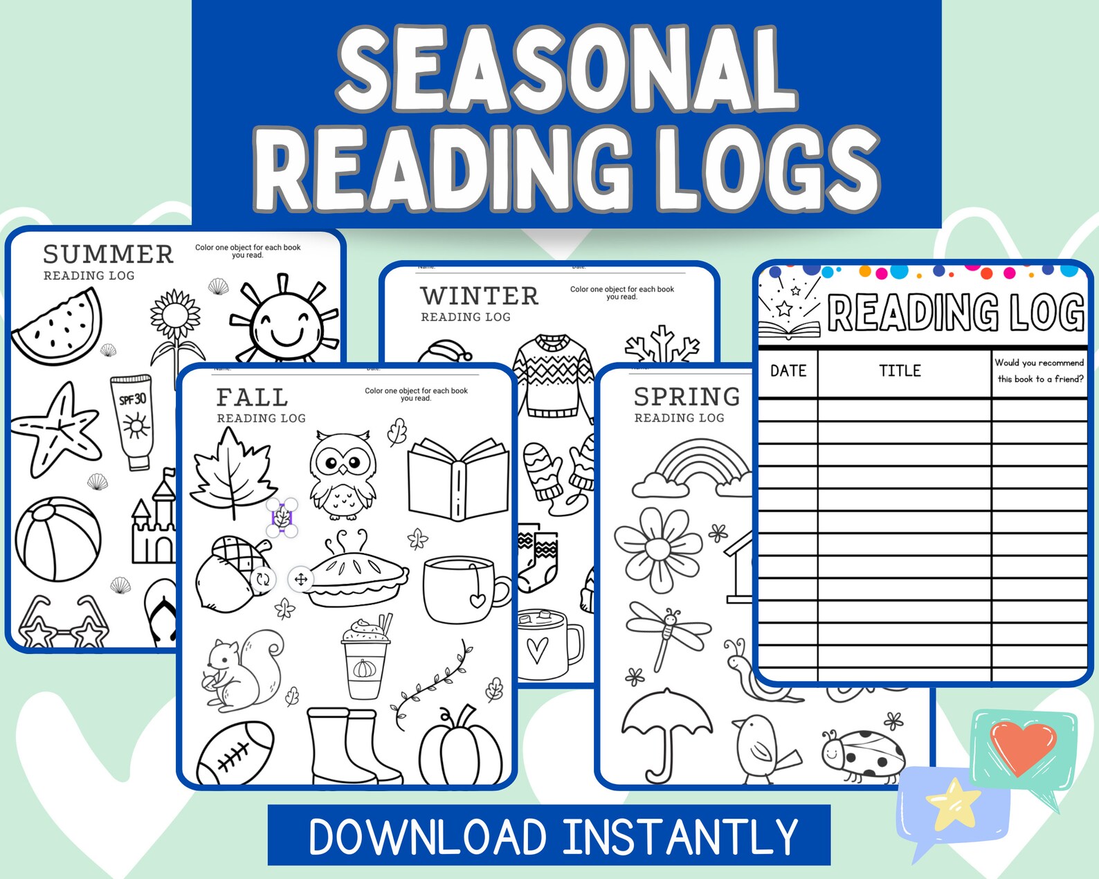 Four Seasons Kids Coloring Reading Log + Book Tracker, Bookshelf ...