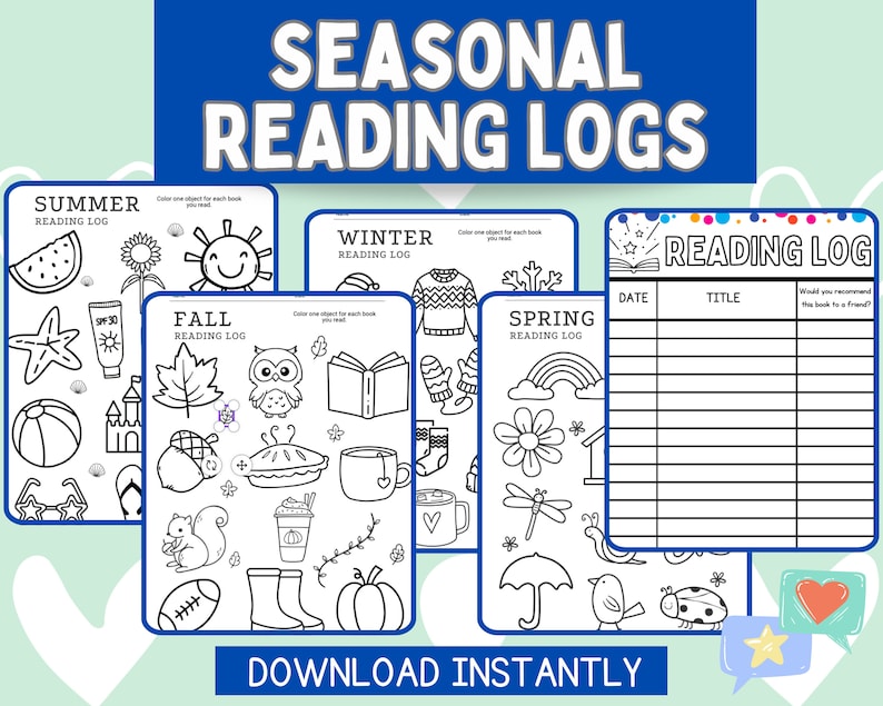 Four Seasons Kids Coloring Reading Log + Book Tracker, Bookshelf ...