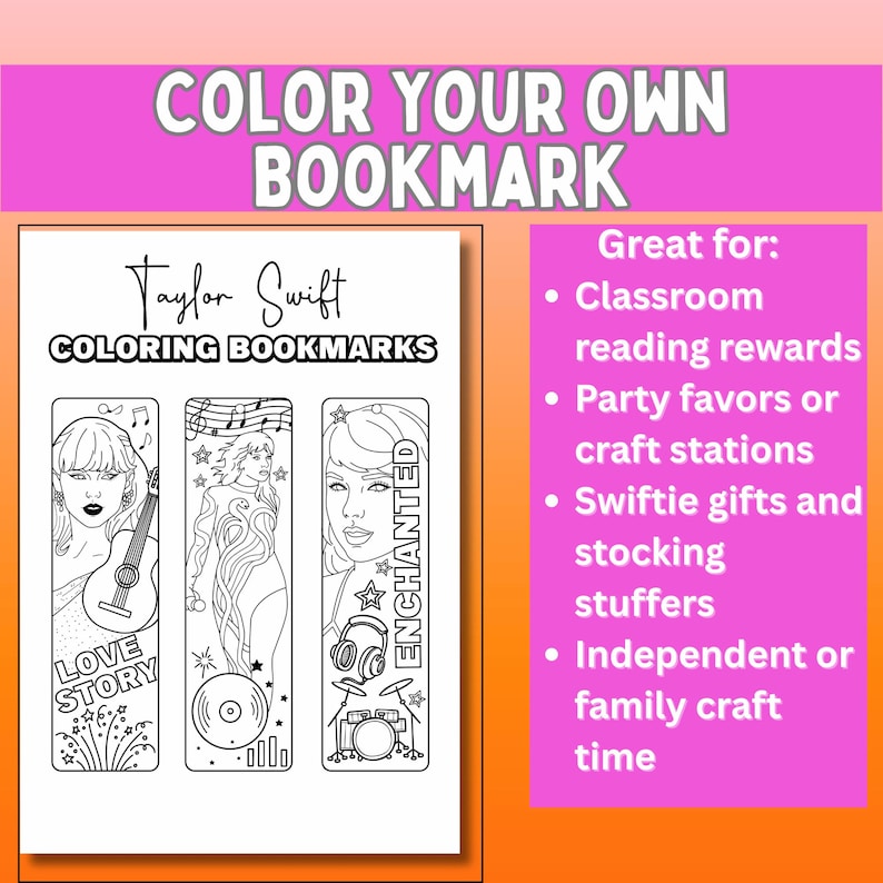 Taylor Swift Coloring Bookmarks Printable Swiftie Craft Reading Rewards ...