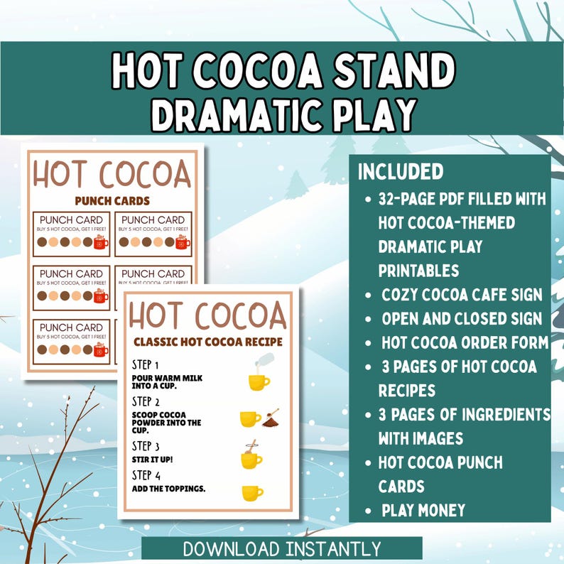 Hot Cocoa Dramatic Play Printables Pretend Play Cocoa Cafe Winter ...