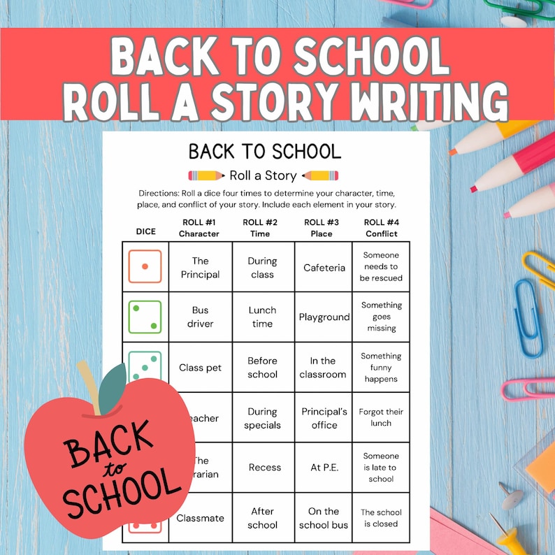 Back to School Roll a Story, Back to School Worksheet, Creative Writing ...