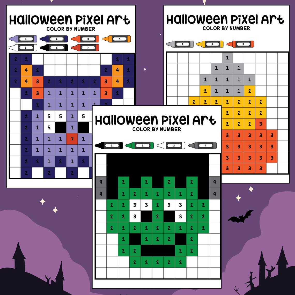 Halloween Pixel Coloring Pages Math Color by Number Printable Set ...