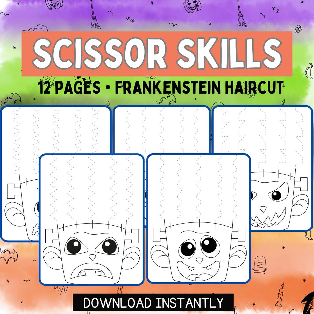 Frankenstein Halloween Scissor Skills Worksheets - Etsy