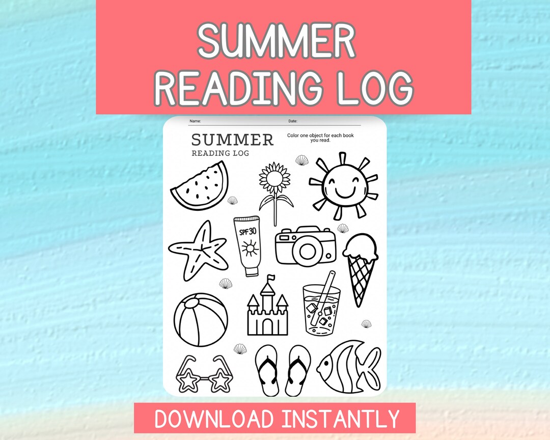 Summer Reading Log for Kids Black and White, Coloring Page Summer Book ...