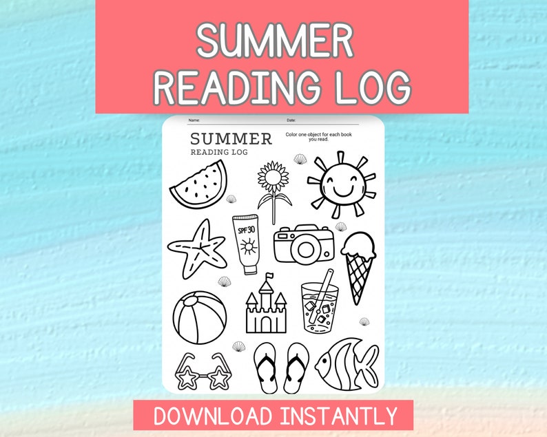 Summer Reading Log for Kids Black and White, Coloring Page Summer Book ...