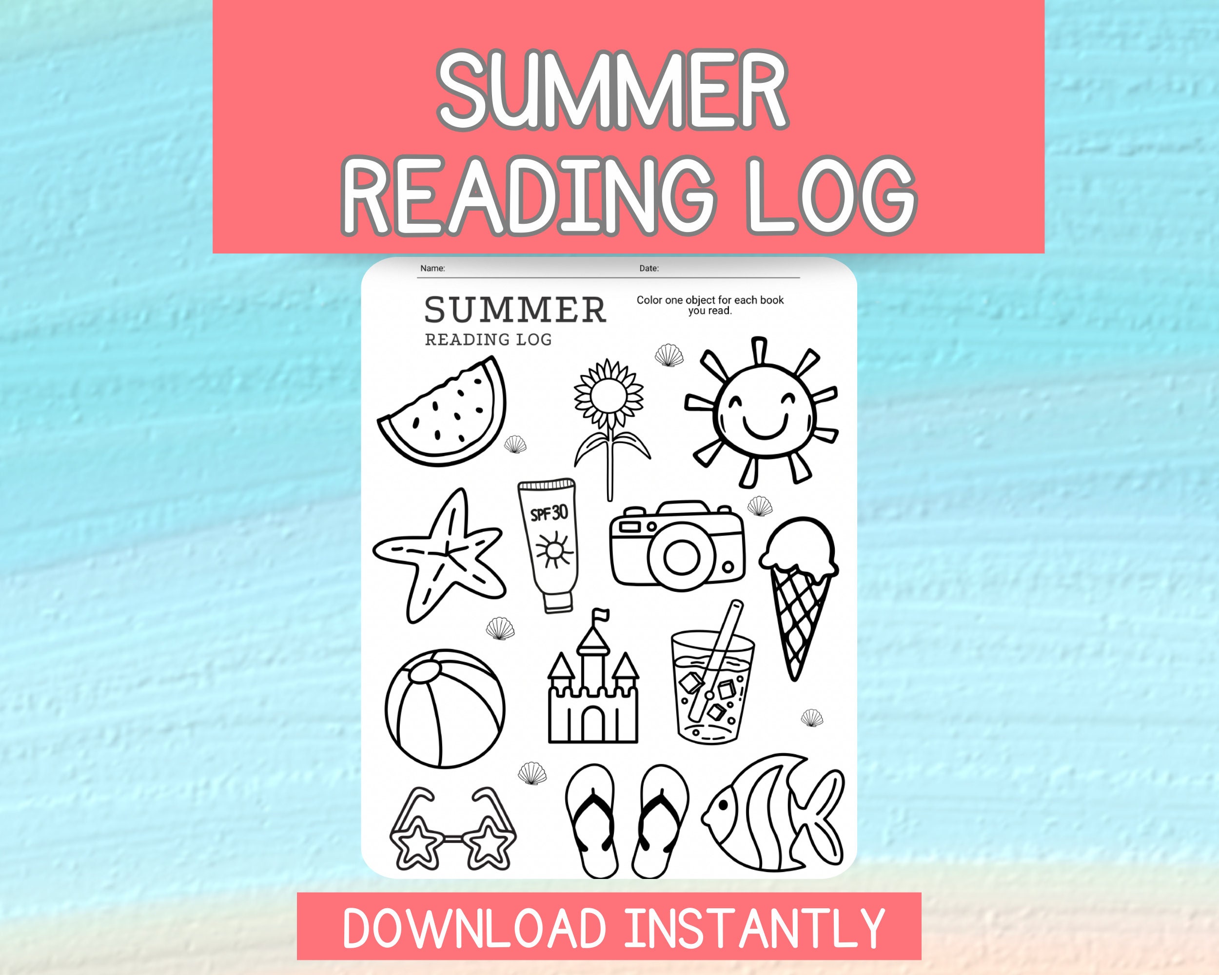 Summer Reading Log for Kids Black and White, Coloring Page Summer Book ...