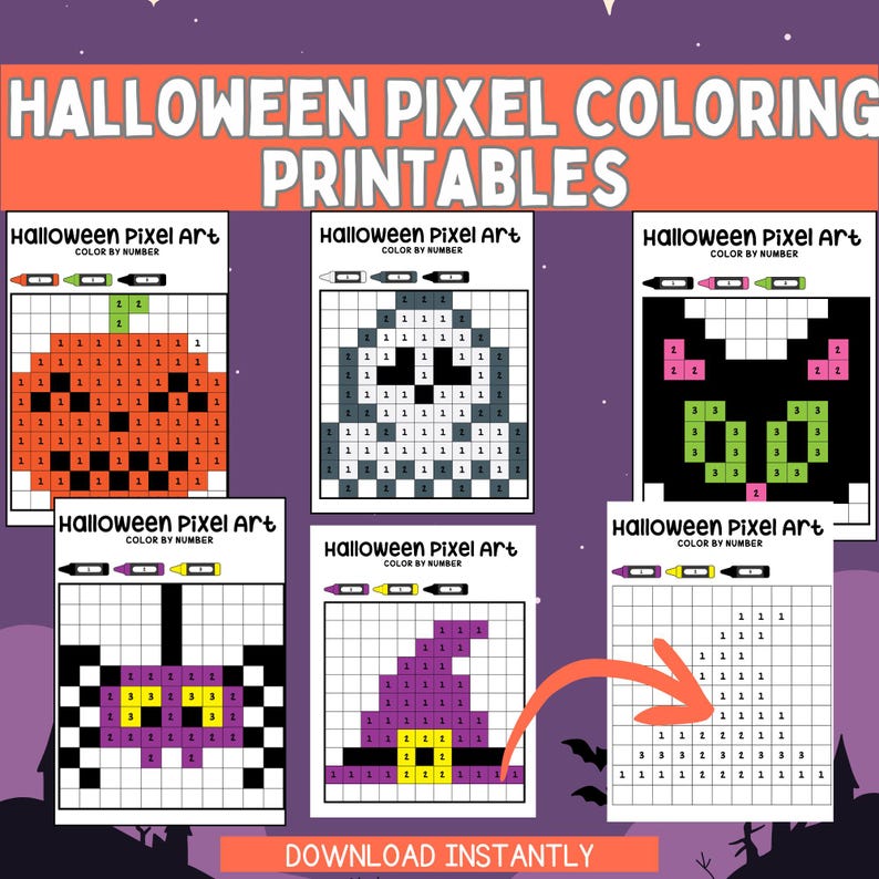 Halloween Pixel Coloring Pages Math Color by Number Printable Set ...