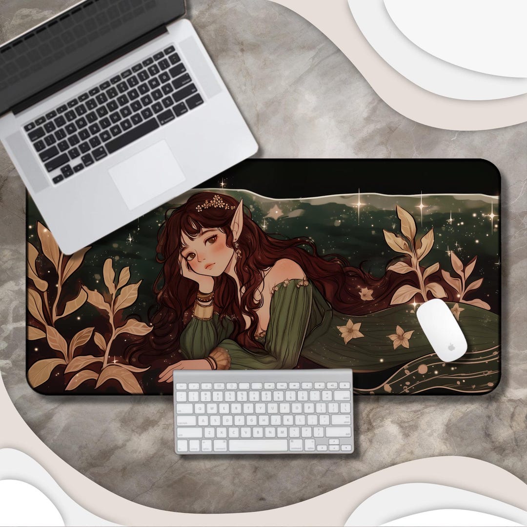 Twilight Mermaid Desk Mat - Gilded Emerald and Golden Leaves for a ...