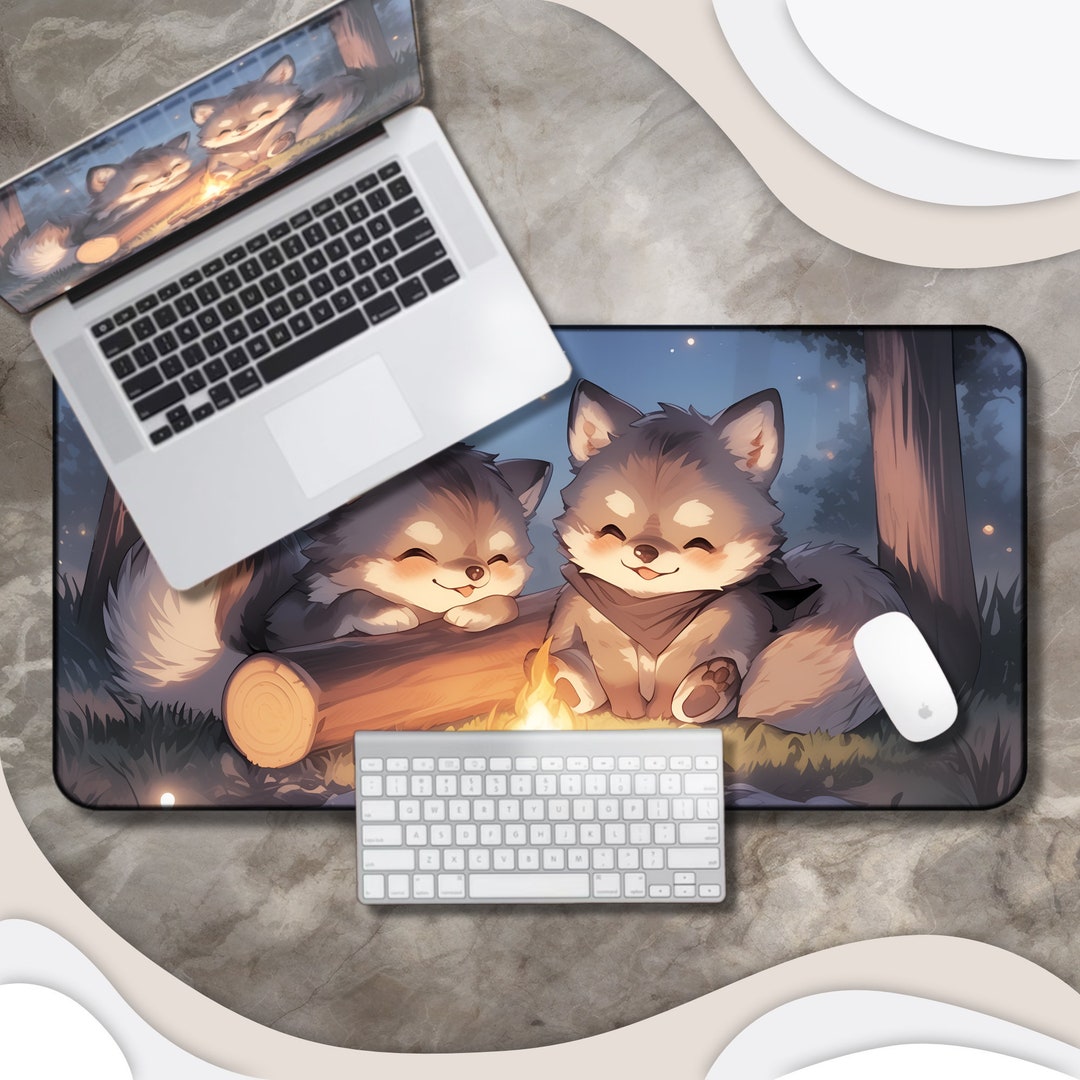 Cozy Wolf Campfire Desk Mat Serenity of the Forest for Home or Office ...
