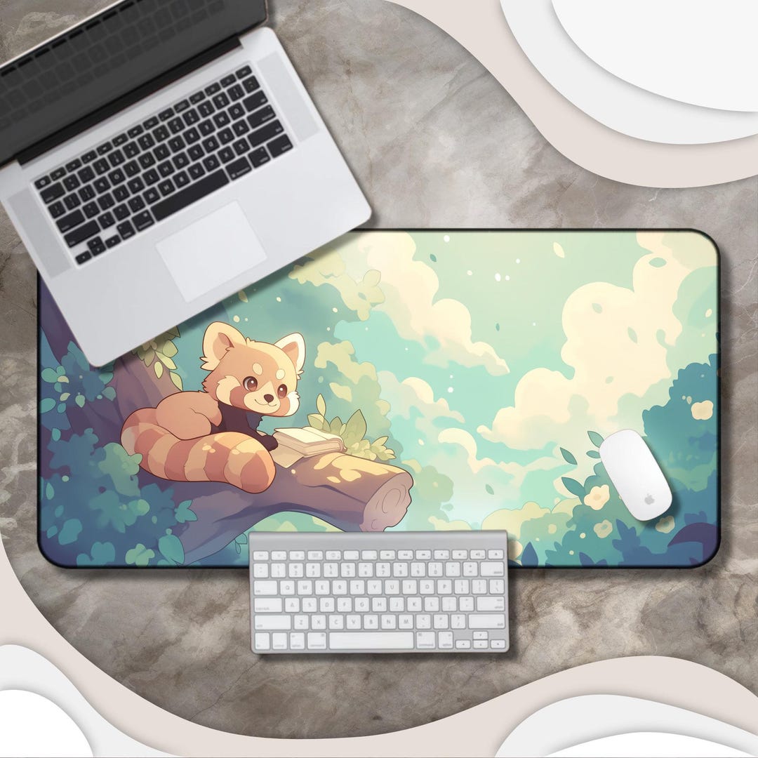 Kawaii Red Panda Desk Mat Serene Anime Fantasy Mouse Pad Dreamy Cloudy ...