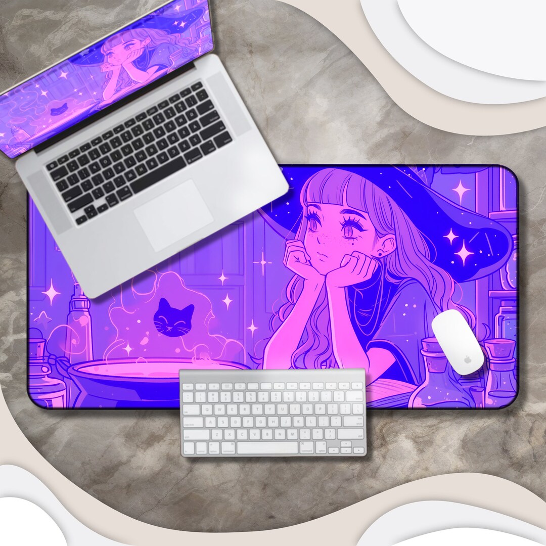 Magical Enchanted Witch Desk Mat Purple Illustrated Feline Charm for a ...