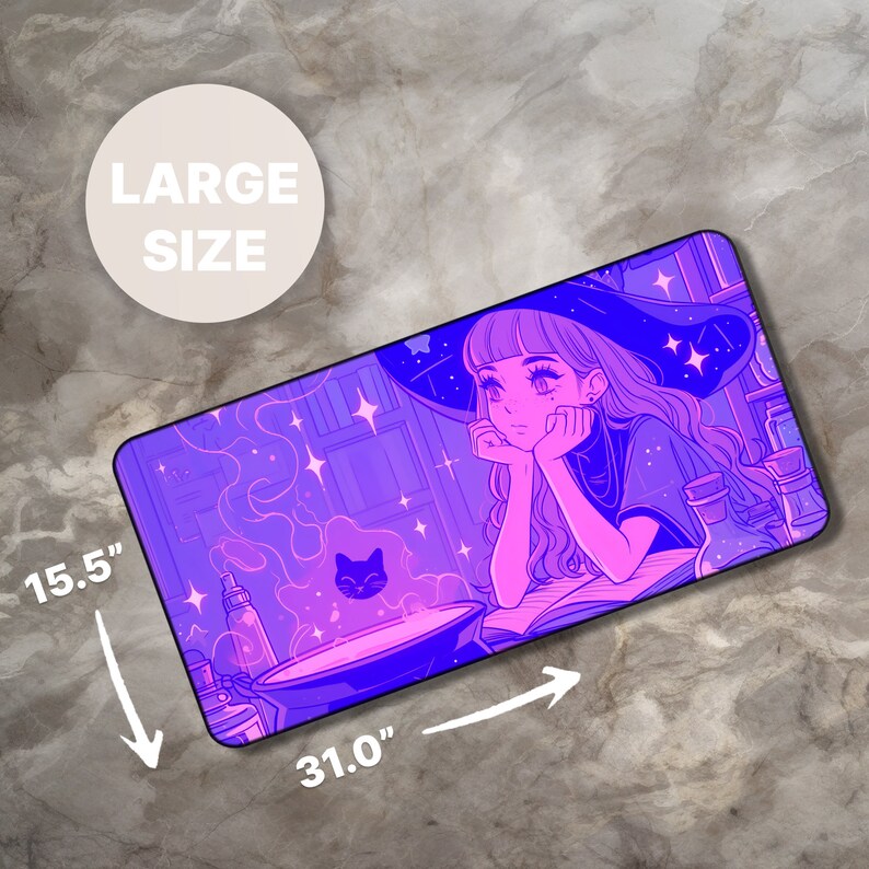 Magical Enchanted Witch Desk Mat Purple Illustrated Feline Charm for a Mystic Workspace Lofi ...