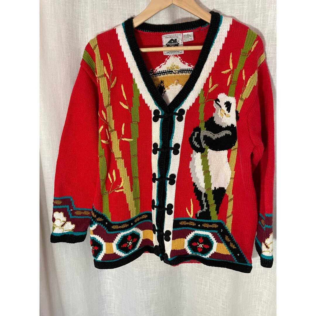 Vintage Storybook Knits Panda Bamboo Red Cardigan Sweater Women's XL ...