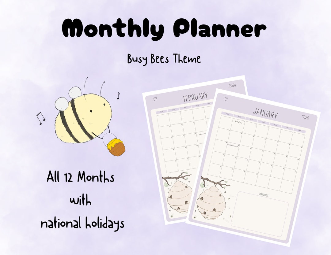 Busy Bees 2024 Monthly Planner, Calendar With US National Holidays ...