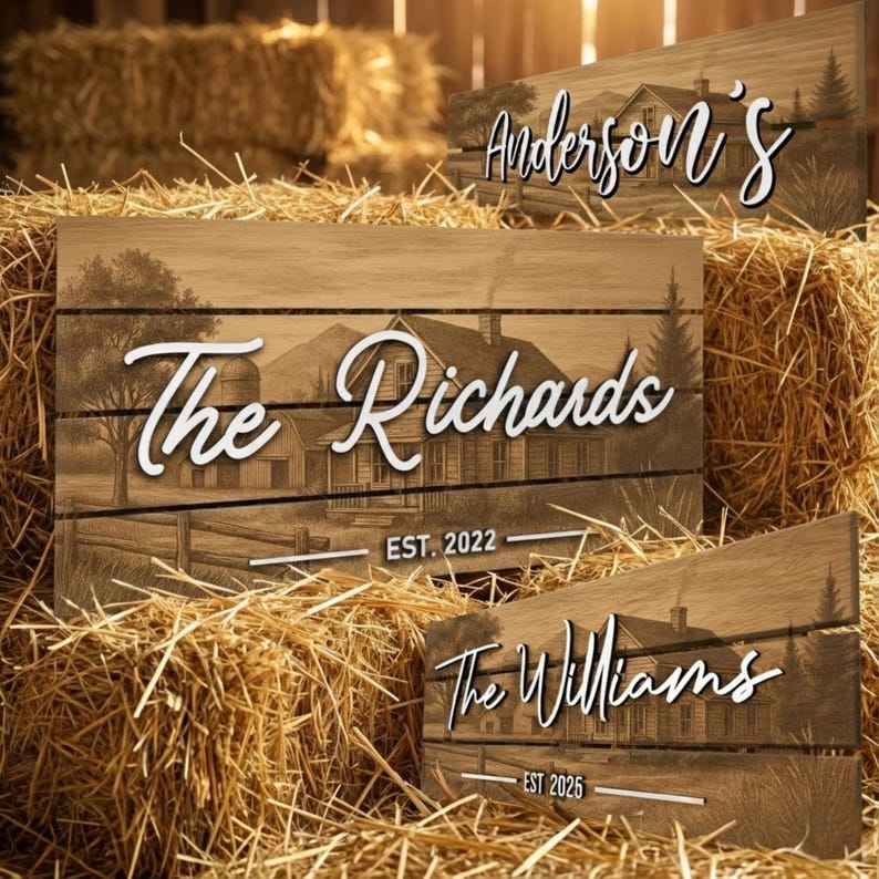 Custom Farmhouse Family Last Name Signs, Rustic Barn Scene Wood Wall ...