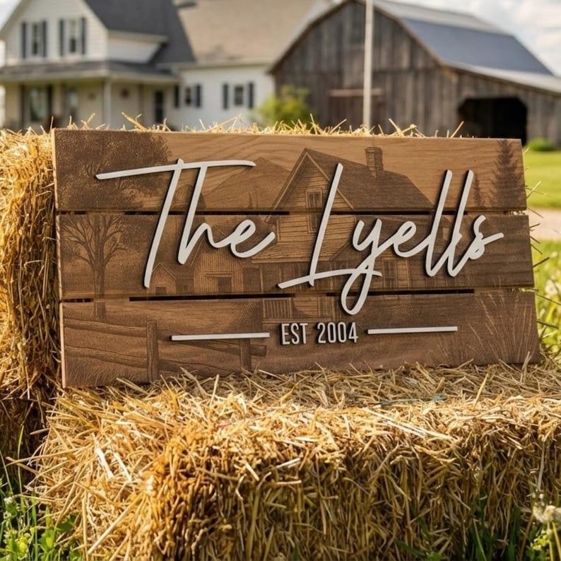 Custom Farmhouse Family Last Name Signs, Rustic Barn Scene Wood Wall ...