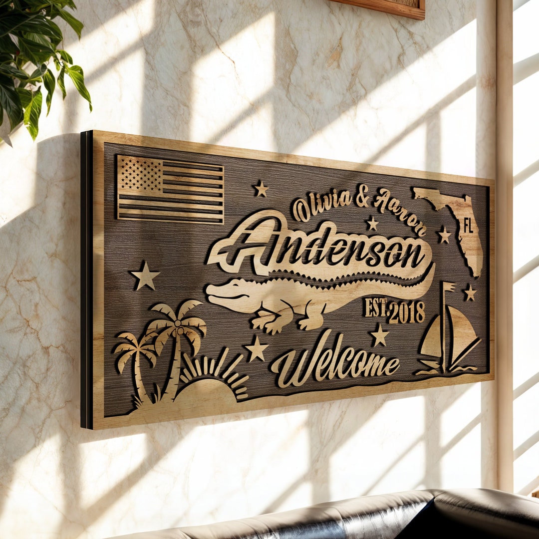 Custom Wood Florida Family Name Sign: Alligator Welcome Decor - Etsy