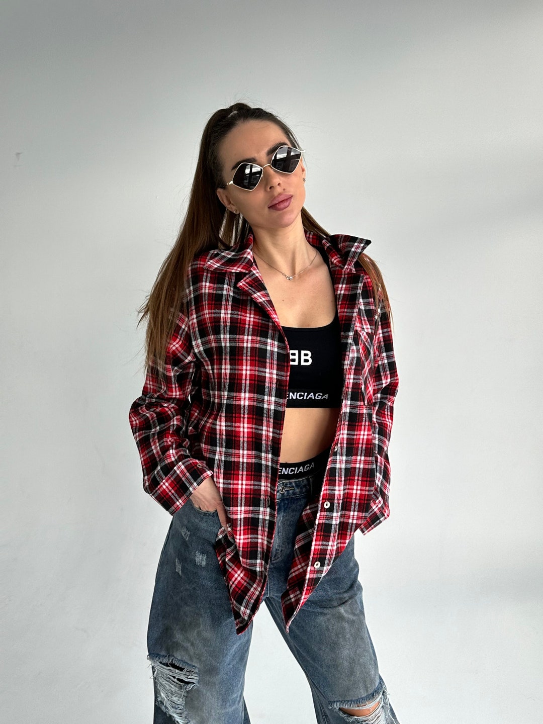 Sun Bleached Flannel Shirt Faded Colors Pink Red Grey Black Shirt ...