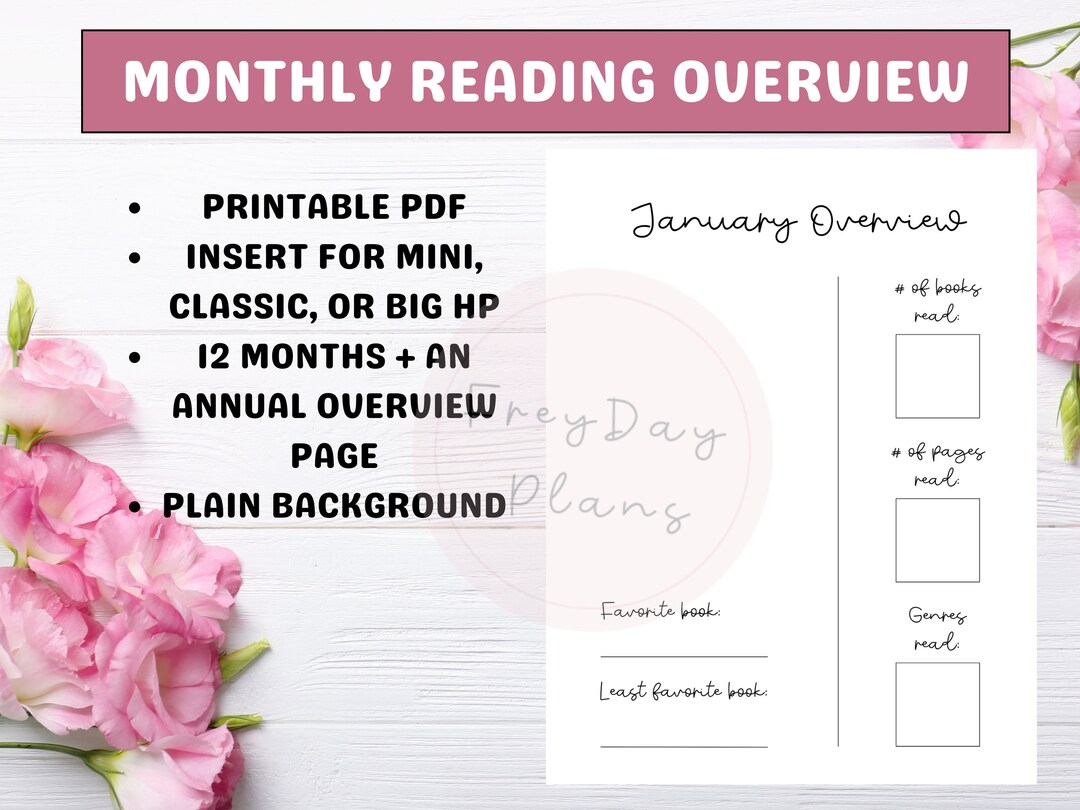 Printable Monthly Reading Overview, Happy Planner Insert (PDF) - Etsy
