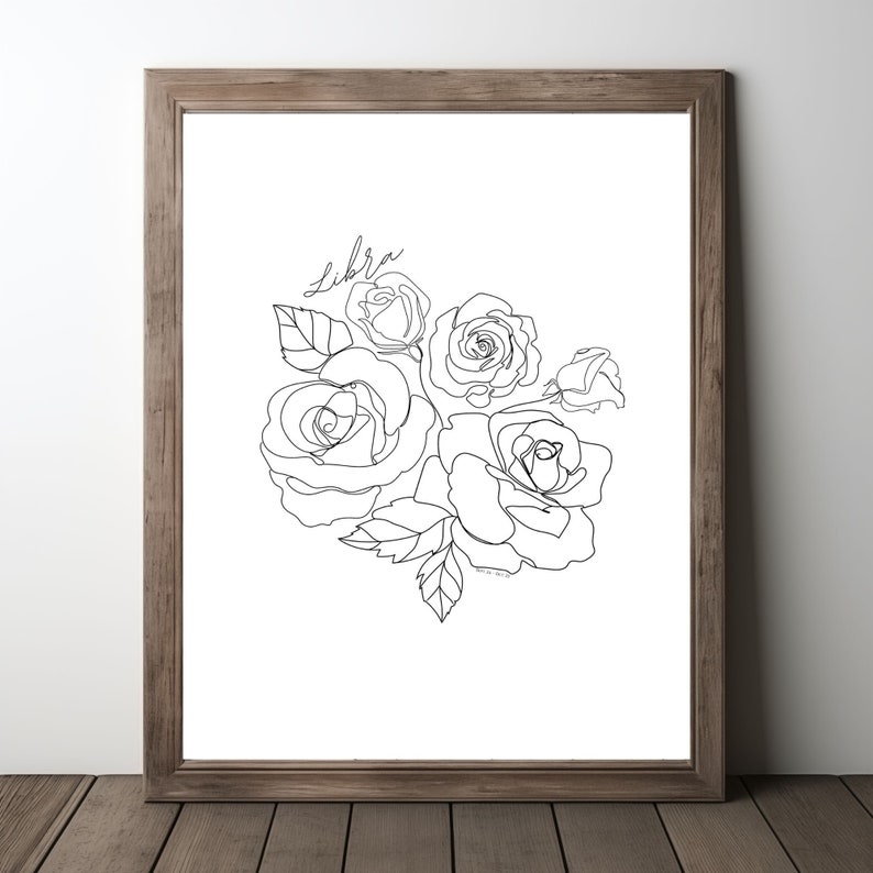 Libra Horoscope Birth Flower Poster Black and White Line Art Rose ...