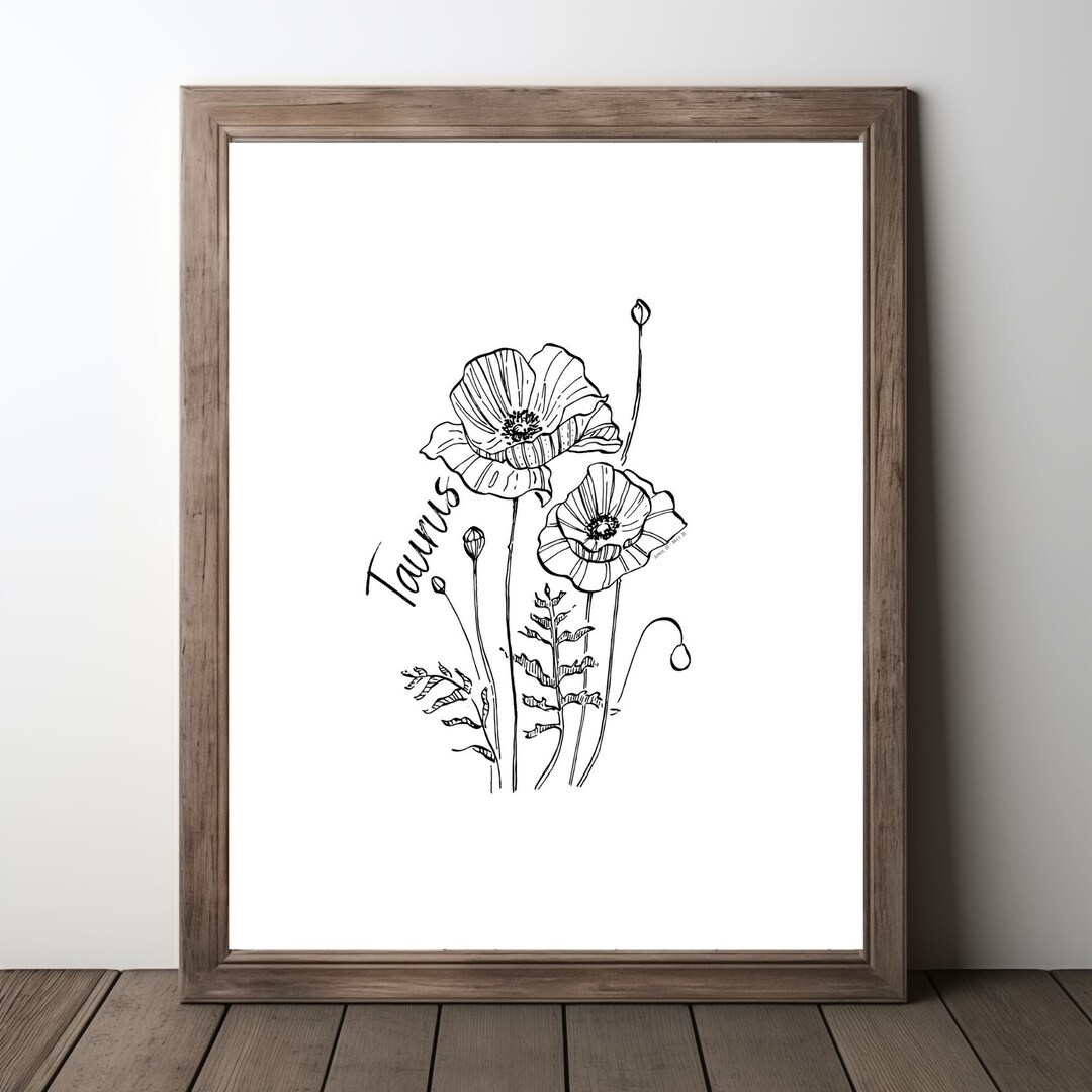 Taurus Flower Zodiac Digital Print Poster Black and White Poppy ...
