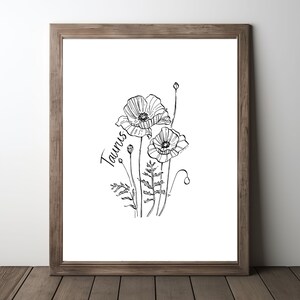 Taurus Flower Zodiac Digital Print Poster Black and White Poppy ...