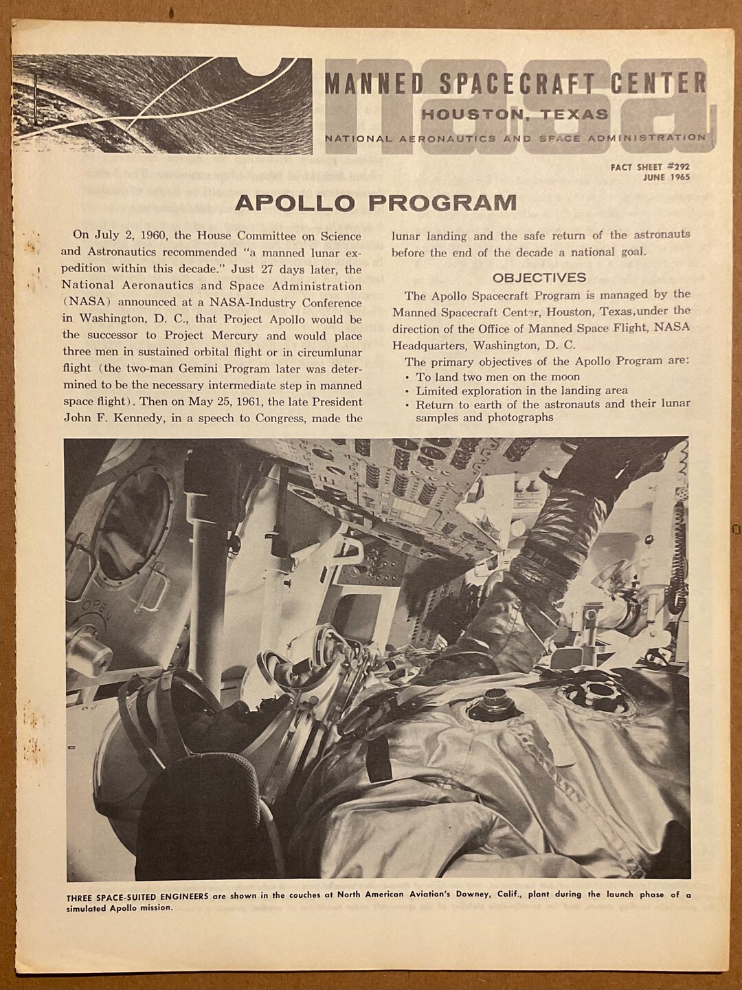OFFICIAL Vintage and Unique NASA Fact Sheet on the Apollo Program, 1965 ...