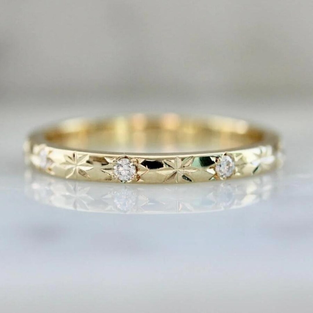 14k/9k Solid Gold Starbright Diamond Star Engraved Band, Minimalist/dainty/small/tiny/mini Gold ...