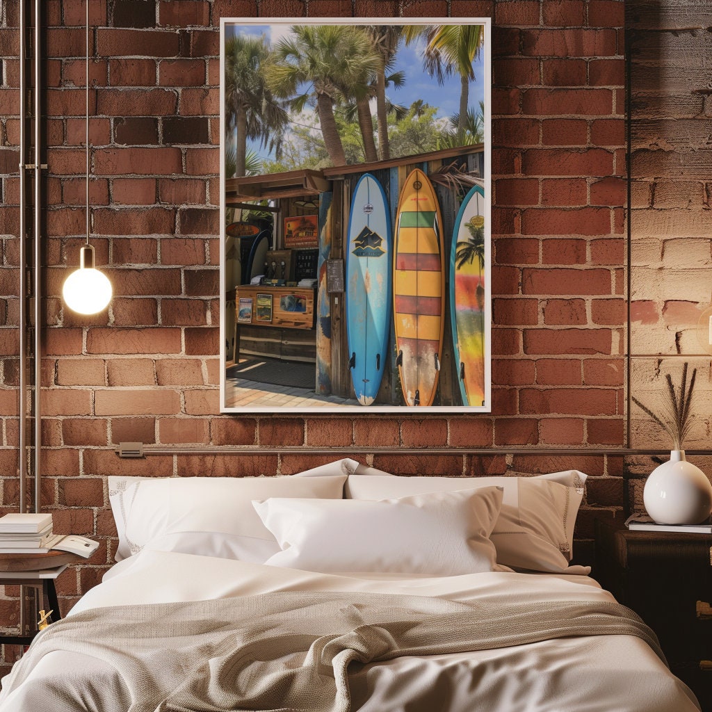 Collection of Colorful Surfboards Lined up at a Tropical Beachside ...