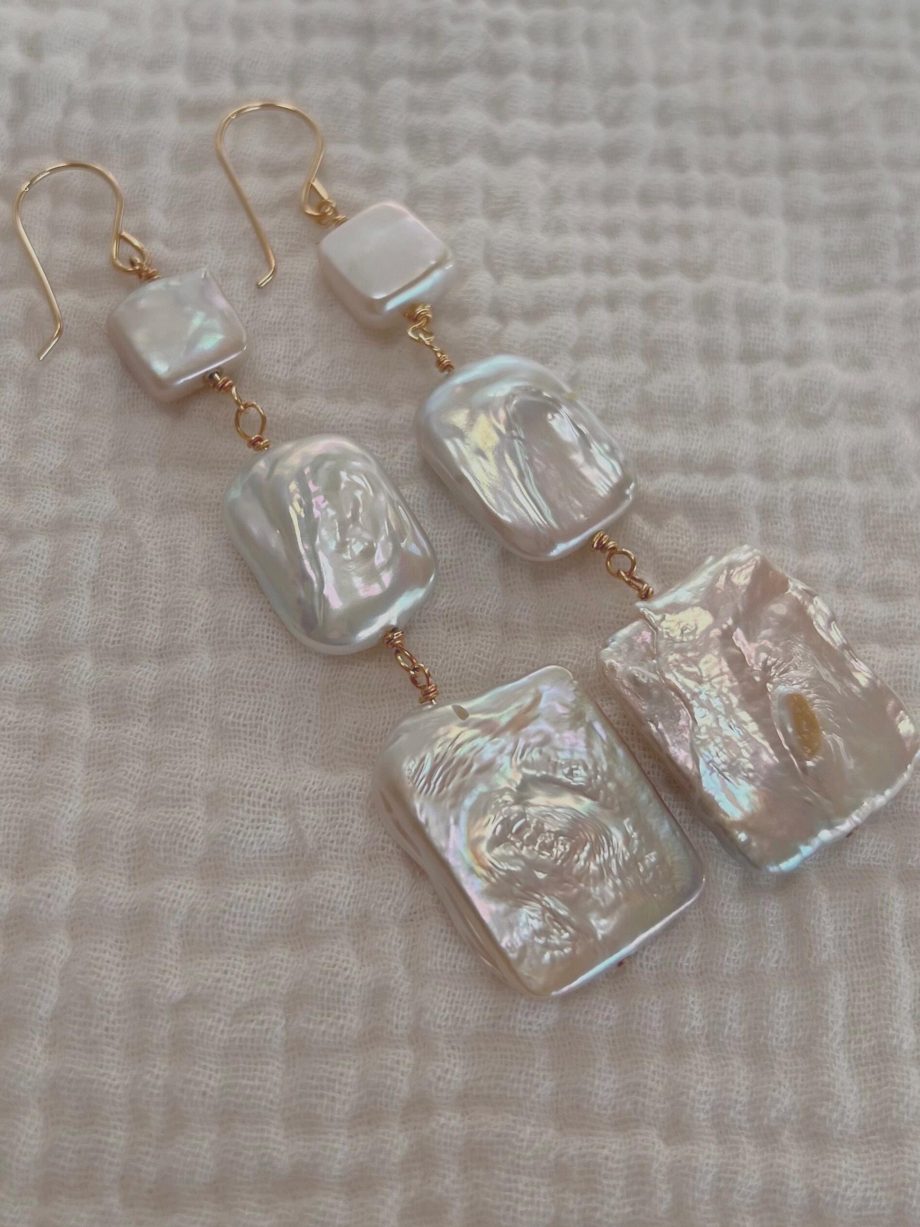 Square Pearl Earrings Baroque Pearl Earrings Chunky Pearls 14k Gold ...