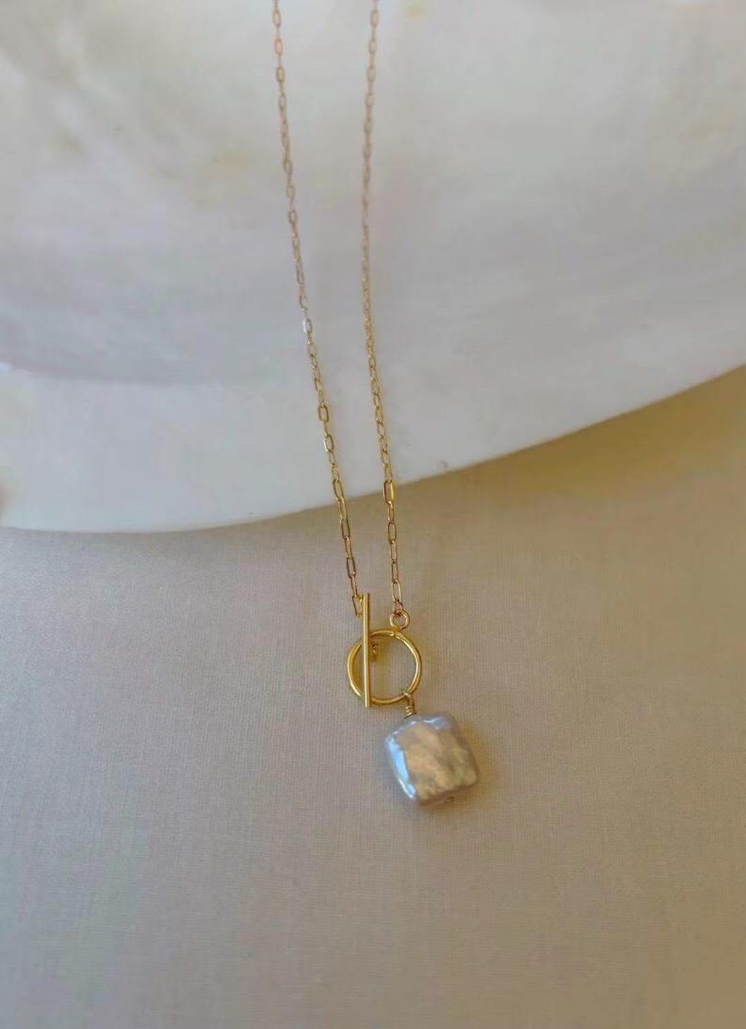 Baroque Pearl Necklace Square Pearl Pendant 14k Gold Filled Toggle ...