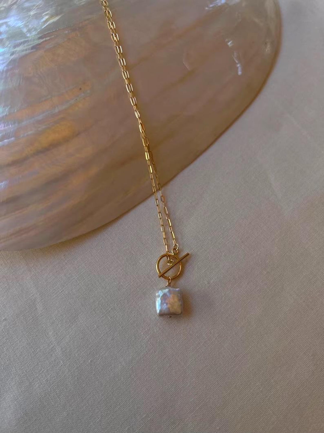 Baroque Pearl Necklace Square Pearl Pendant 14k Gold Filled Toggle ...