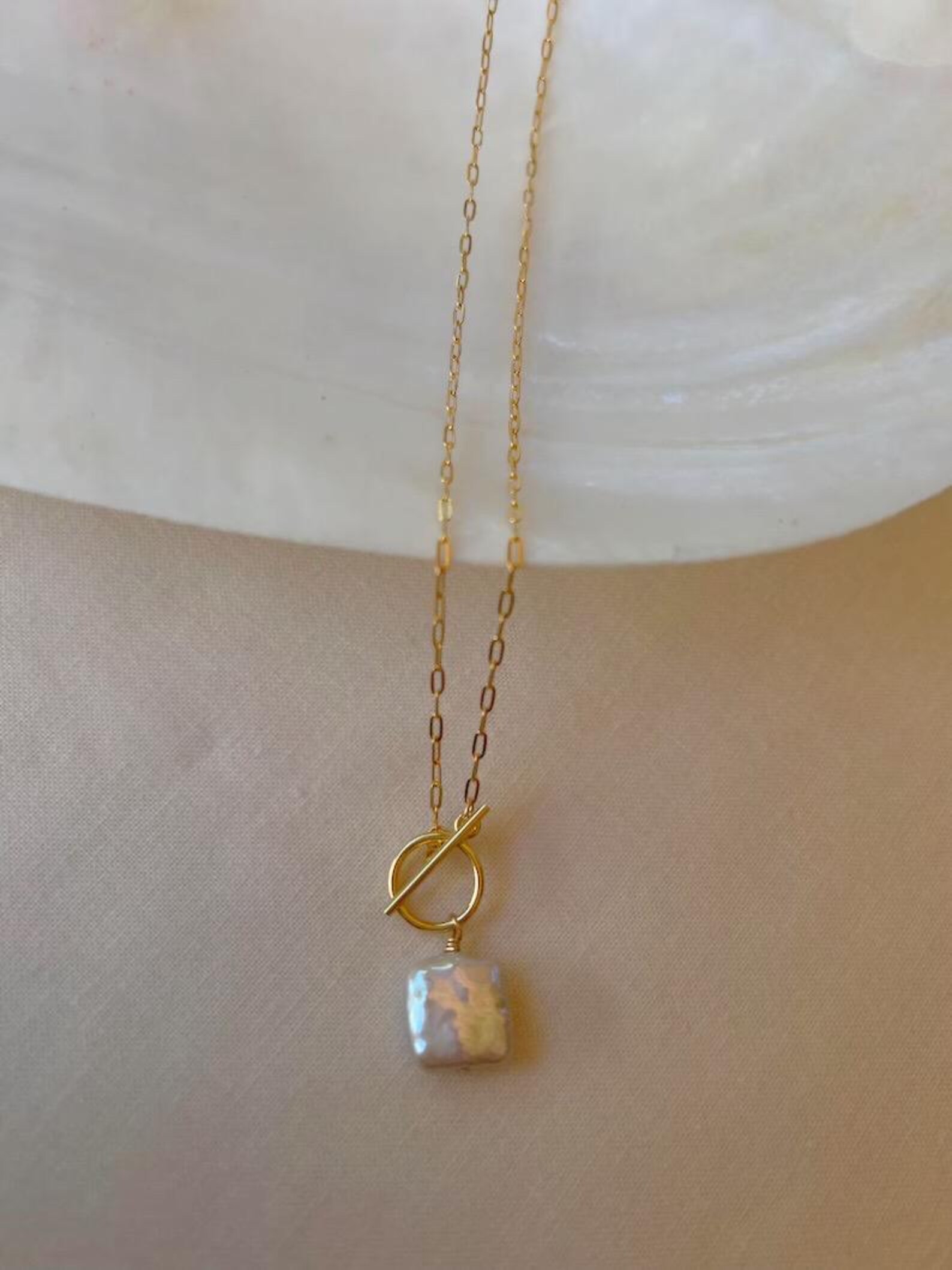 Baroque Pearl Necklace Square Pearl Pendant 14k Gold Filled Toggle ...