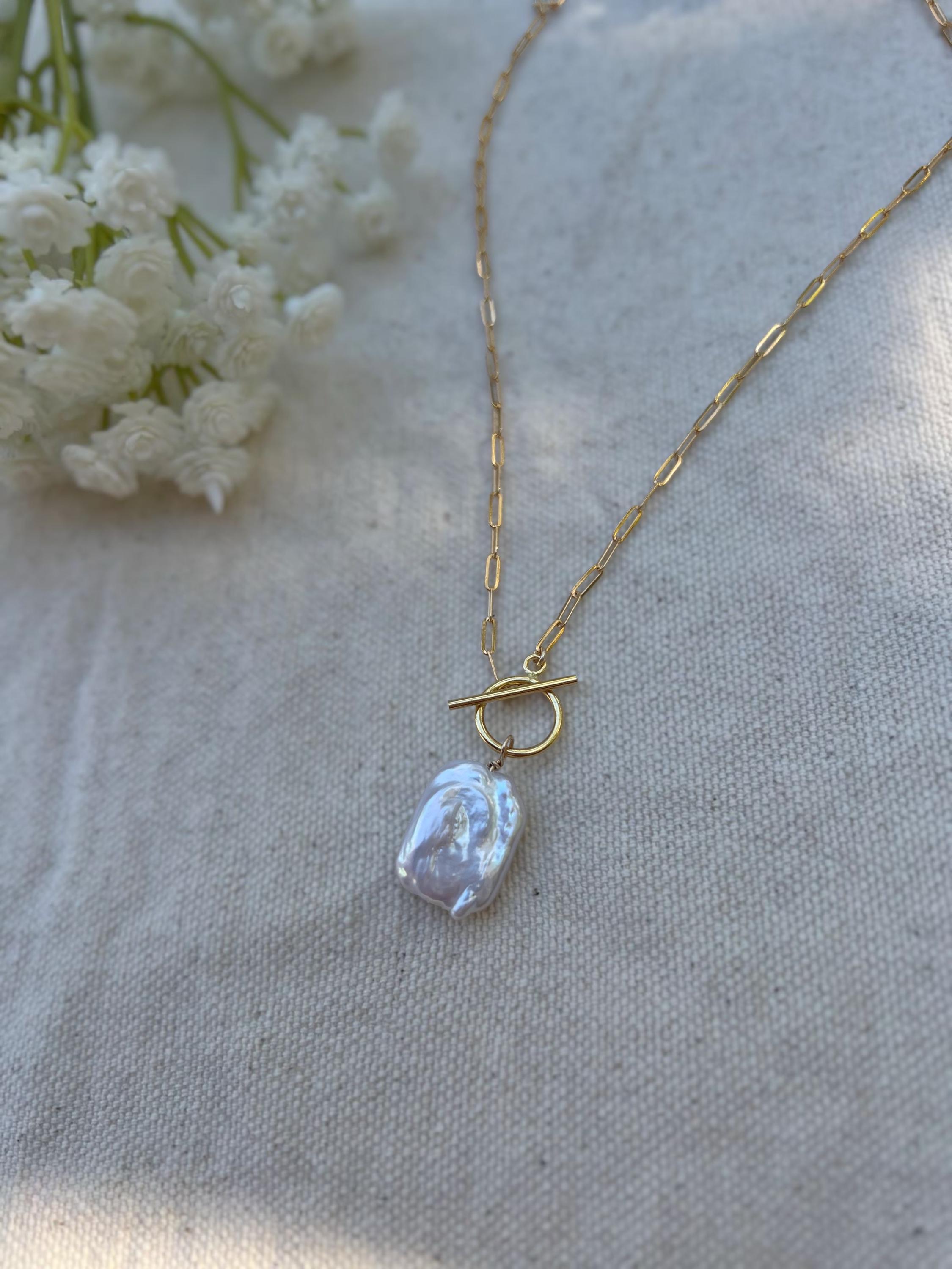 Baroque Pearl Necklace Square Pearl Pendant 14k Gold Filled Toggle ...