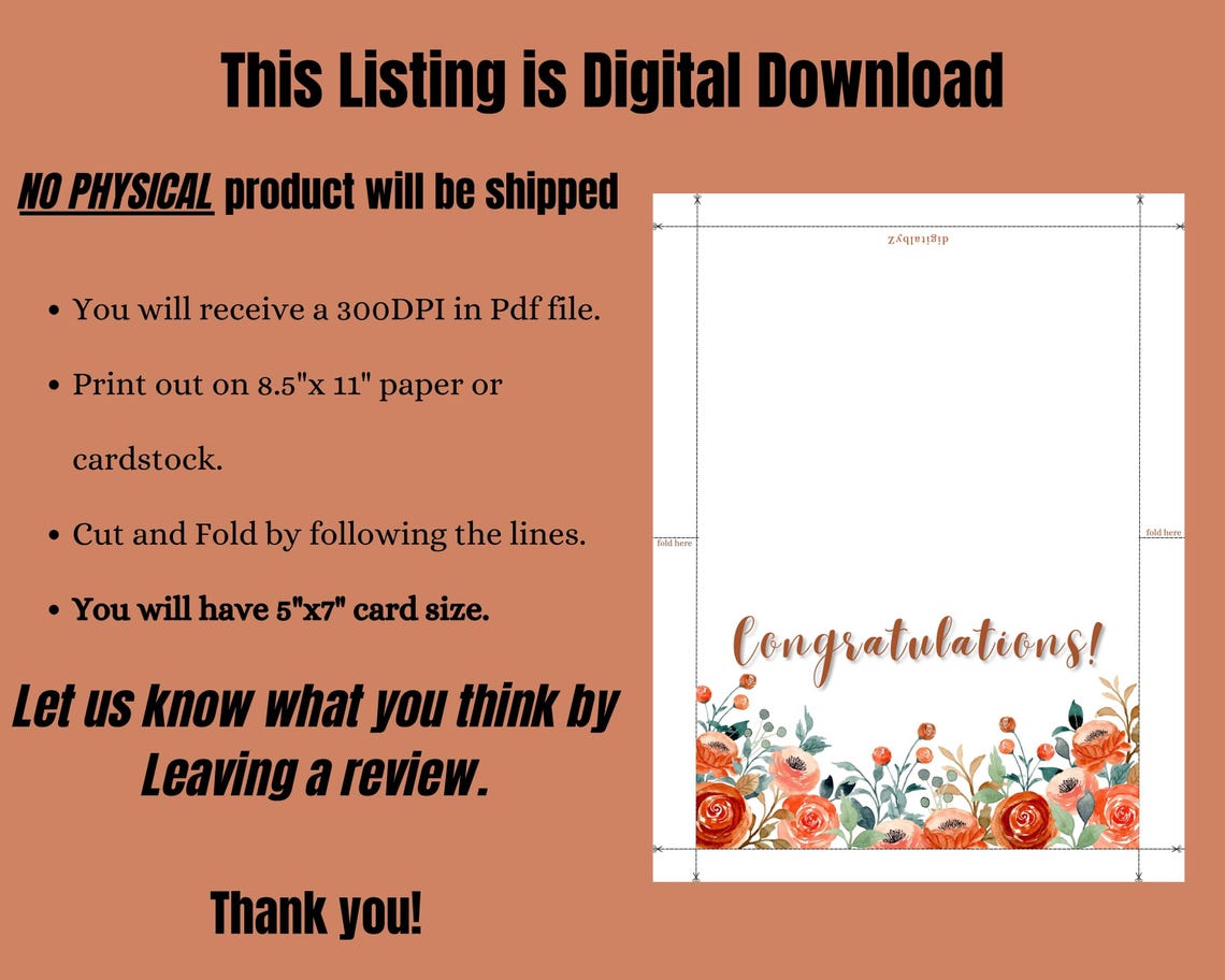 Congratulations Printable Card, Digital Download, 5"x 7" Card, Instant ...