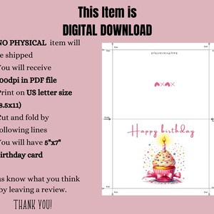 Happy Birthday Card, Printable Birthday Card, Pink Cupcake Card, Cute ...