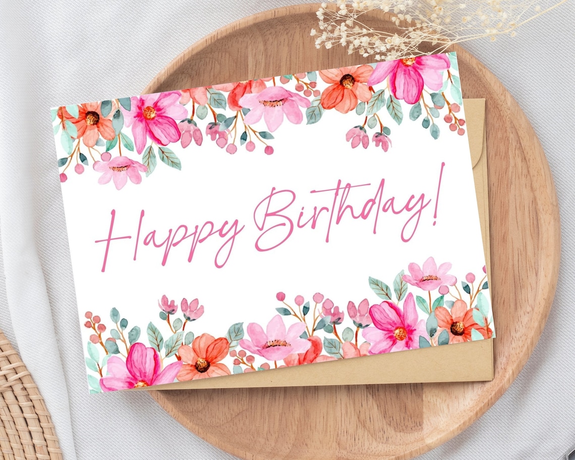 Happy Birthday Card, Floral Print, Digital Download, Printable Card, 5 ...