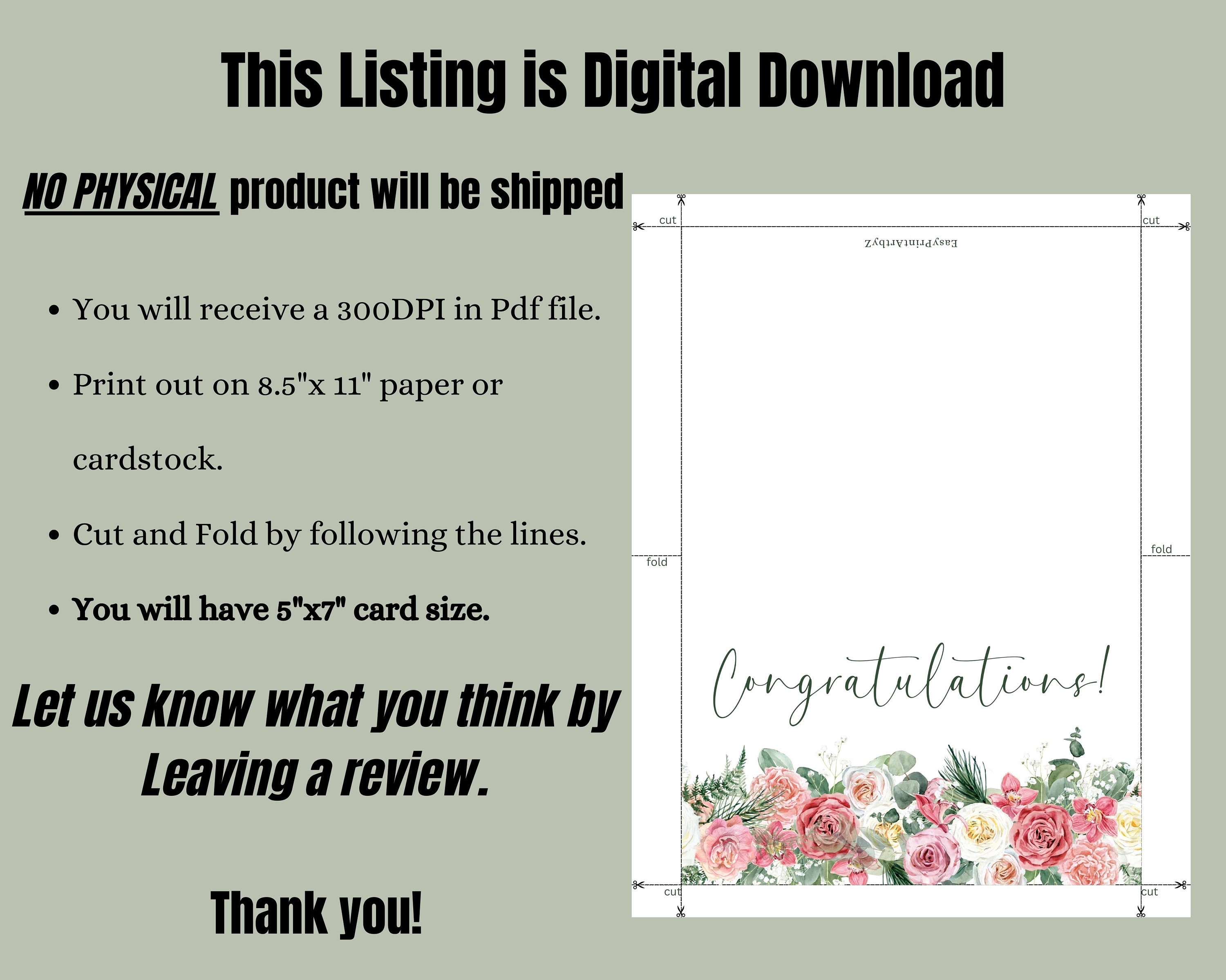 Congratulations Printable Card, Digital Download, 5"x 7" Card, Instant Download, Floral Card ...