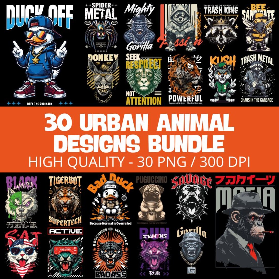 30 Urban Animal Designs PNG: Streetwear Graphics Bundle (commercial Use ...