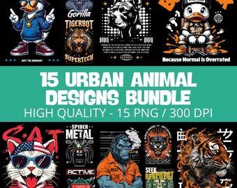 Urban Animal PNG Designs Bundle, Streetwear Animal Clipart for Shirts ...