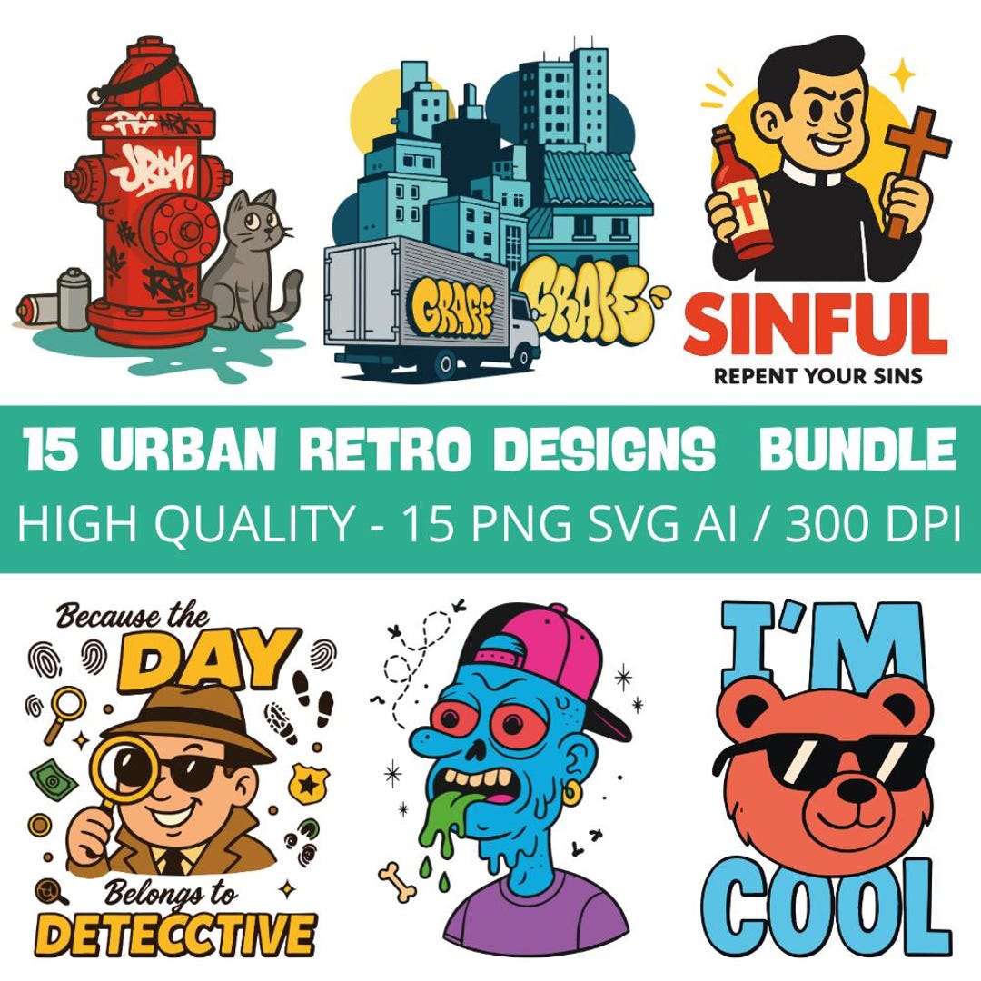 Urban Retro SVG Bundle, Streetwear Cartoon Designs, PNG Cut Files for ...