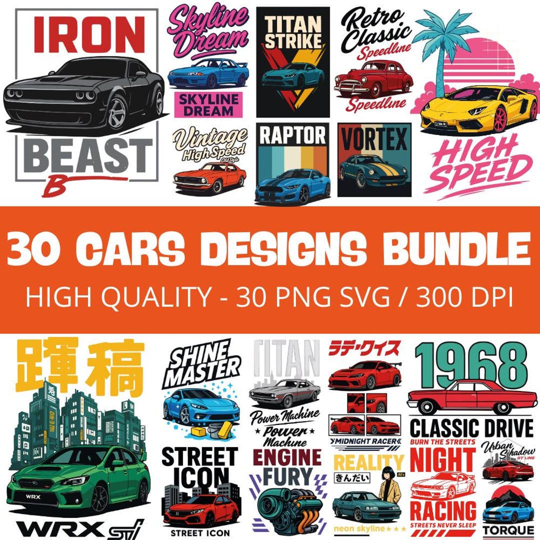 Retro Cars & Street Racing PNG Bundle — Sublimation Designs (commercial ...