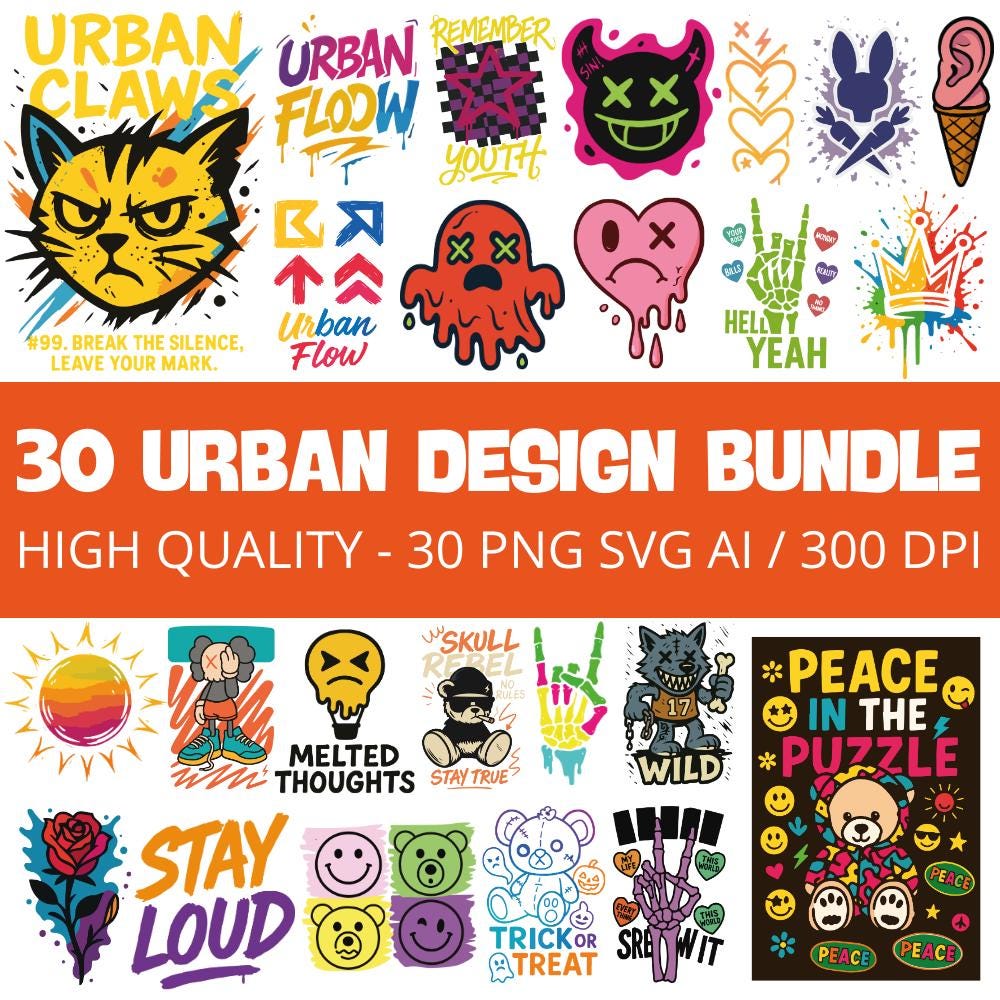 Urban Retro Designs Pack PNG SVG AI Streetwear Pop Culture Graphics ...
