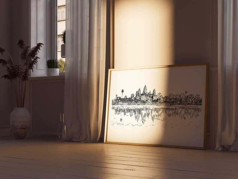 Angkor Wat Printable Wall Art - Minimalist Line Art Cambodia Landmark ...
