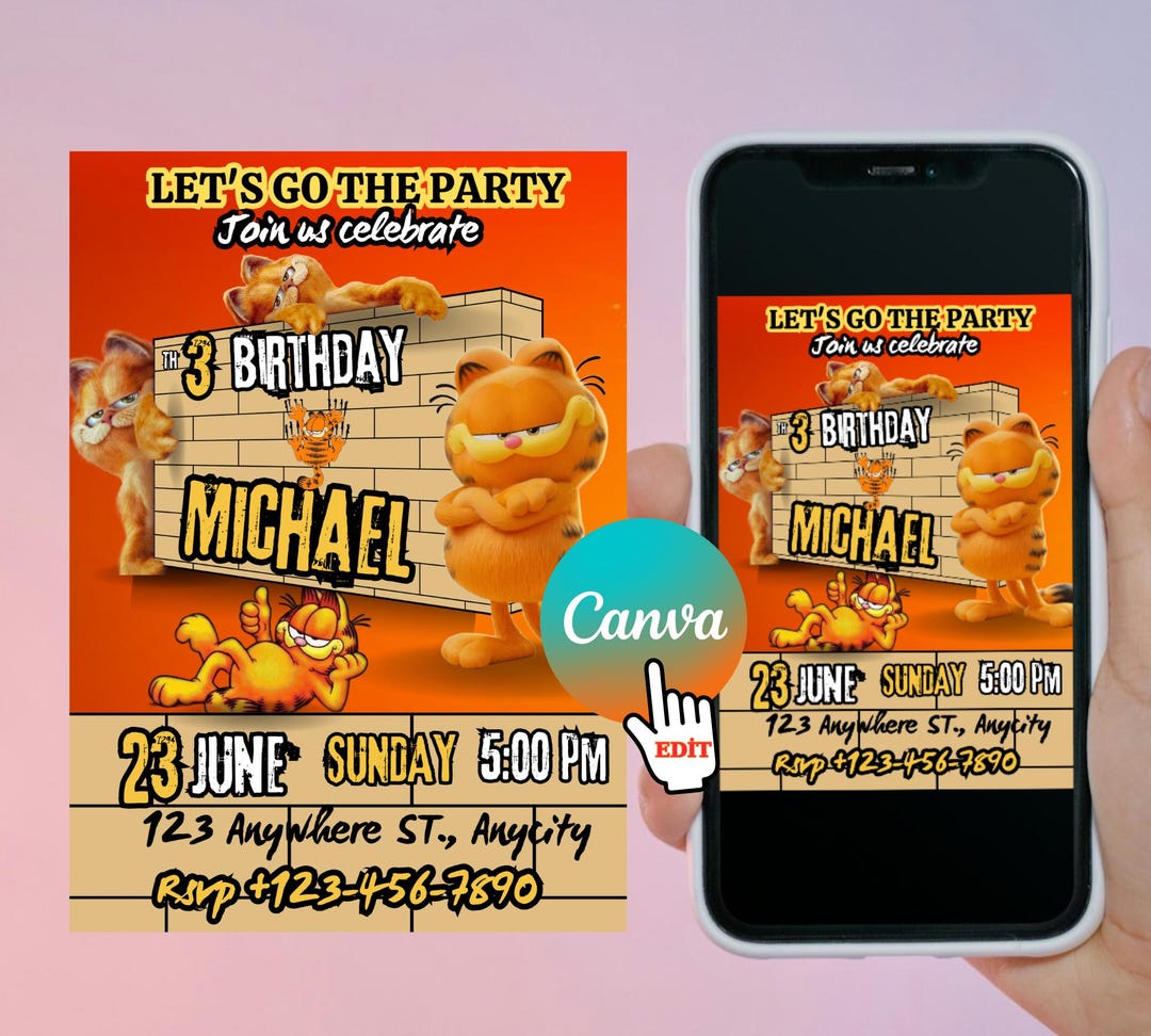 Garfield Invitation Garfield Invitation, Editable Birthday Template ...