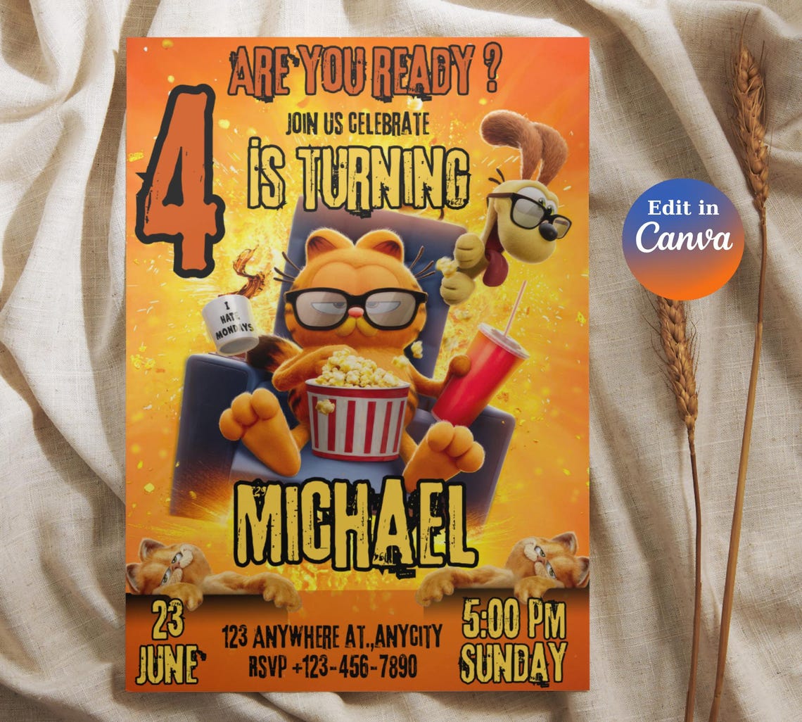 Editable Garfield Invitation, Garfield Invitation, Editable Birthday ...