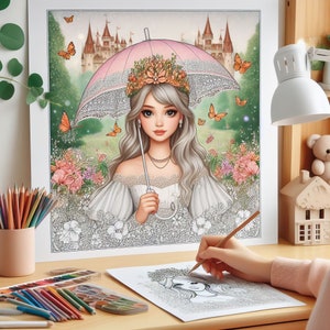 43 Cute Princess Fantasy With Umbrella Coloring, Coloring Pages Book ...