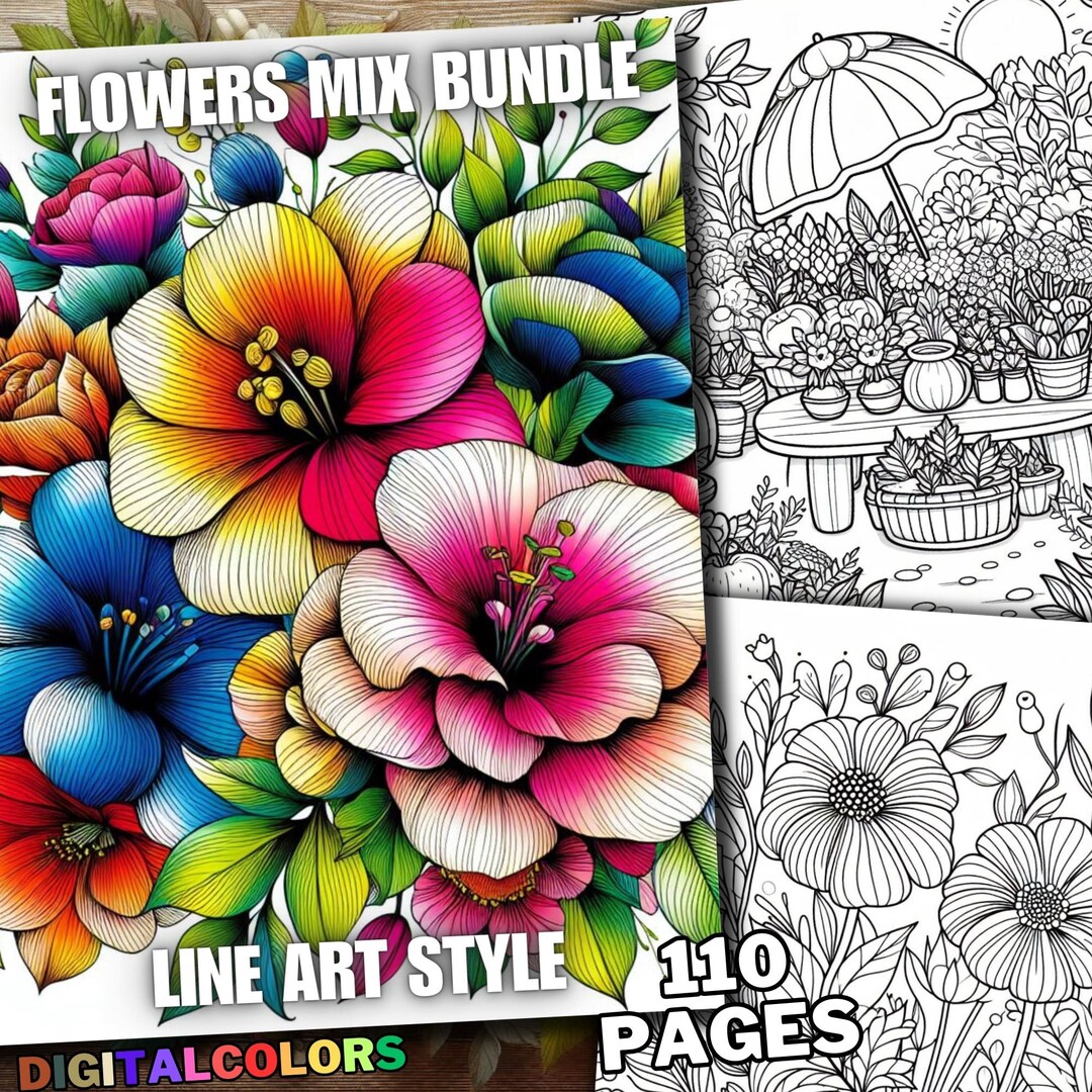 110 Flowers Mix Bundle Coloring Pages Book Flower Plant Botanical ...